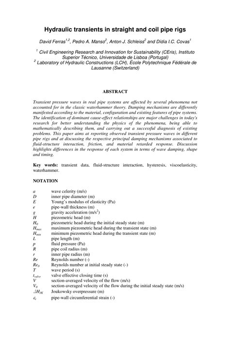 Pdf Hydraulic Transients In Straight And Coil Pipe Rigs