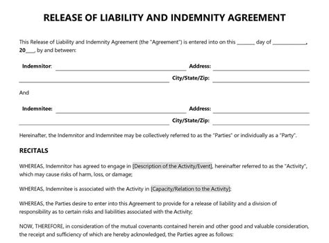 Release Of Liability Indemnity Agreement Template Wordlayouts