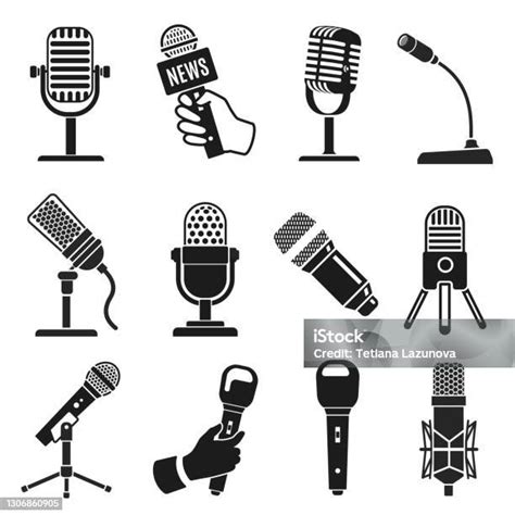 마이크 실루엣 현대와 오래된 빈티지 마이크 아이콘 음악 또는 팟캐스트 녹음 가라오케 및 라디오 방송 벡터 세트용 로고 요소 마이크에 대한 스톡 벡터 아트 및 기타 이미지