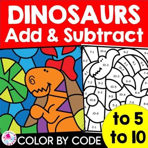dinosaurs color by number code addition and subtraction to 5 and 10 coloring pages