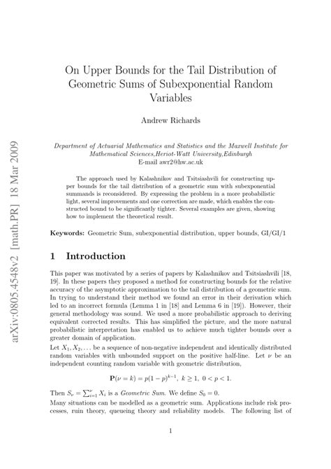 Pdf On Upper Bounds For The Tail Distribution Of Geometric Sums Of Subexponential Random Variables