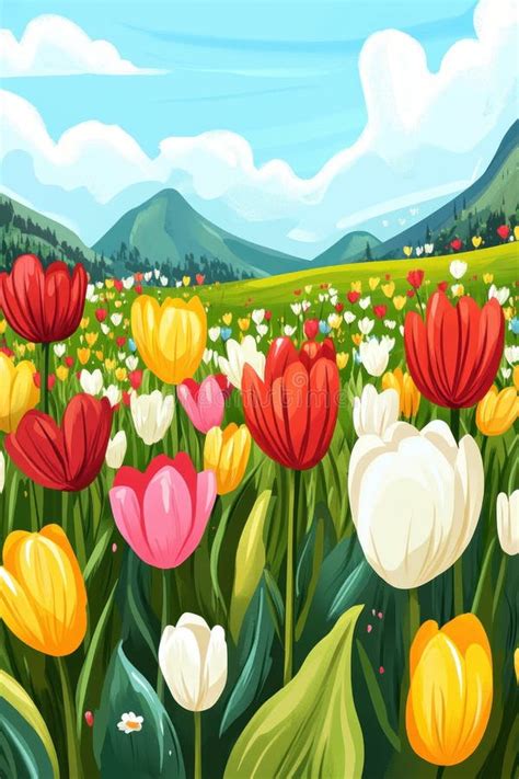 Vibrant Spring Tulip Field Painting In Realistic Raw Style Stock