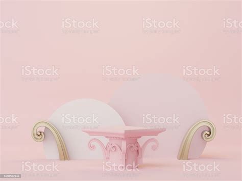 그리스 고대 바로크 기둥 배경이 있는 추상 최소 디스플레이 연단의 3d 렌더링 모형 및 제품 프레젠테이션을 위한 받침대 디자인 깨끗한 파스텔 컬러 장면 0명에 대한 스톡