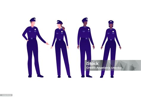 경찰 보안 문자 개념 벡터 플랫 인물 일러스트 세트입니다 다민족 사람들의 그룹 제복을 입은 경찰관 남자와 여자 장교 배너 포스터