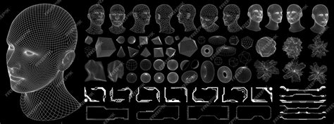레트로 미래형 디자인 요소 3d 와이어프레임 모양 사이버 펑크 창 및 왜곡된 메쉬 프리미엄 벡터
