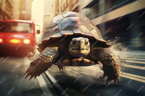Premium Ai Image Turtle Racing Across Busy City Street Generative Ai