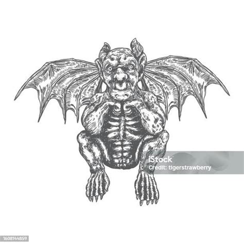 가고일은 뿔 송곳니 발톱을 가진 환상적인 짐승 생물인 악마 키메라와 같은 인간과 드래곤 박쥐를 공격하기 위해 공격적인 위치에 앉아 있습니다 중세에 손으로 그린 고딕 양식의