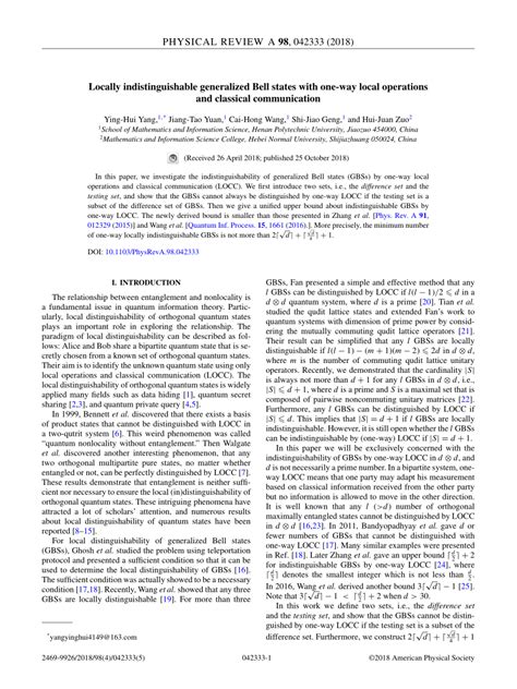 Pdf Locally Indistinguishable Generalized Bell States With One Way Local Operations And