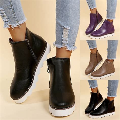 여성 미끄럼 방지 단색 신발 플랫 지퍼 라운드 토 짧은 부츠 라운드 토 신발 심플한 캐주얼 편한 부츠 무료 배송앵클 부츠 Aliexpress