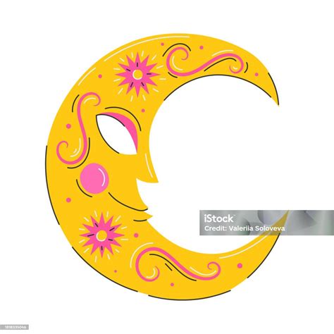 얼굴로 장식 된 초승달 패턴이 있는 카니발 마스크입니다 브라질 카니발인 마디 그라의 상징 플랫 스타일의 장식 요소 흰색 배경에 고립된 벡터 그림입니다 Mardi Gras에