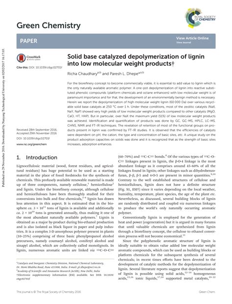 Pdf Solid Base Catalyzed Depolymerization Of Lignin Into Low