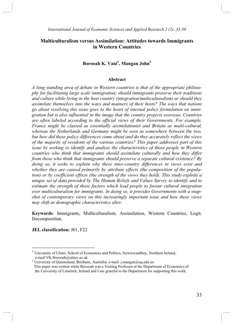 Pdf Multiculturalism Versus Assimilation Attitudes Towards Immigrants In Western Countries