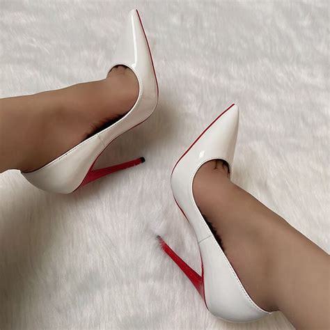 화이트 펌프스 섹시 레드 내부 12cm 하이힐 레드 얇은 하이힐 신발 뾰족한 발가락 수제 여성 펌프 Qkou016