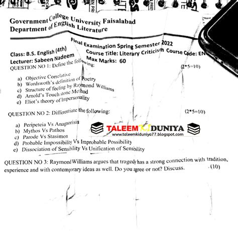 bs english pastpapers 4rth semester gcuf