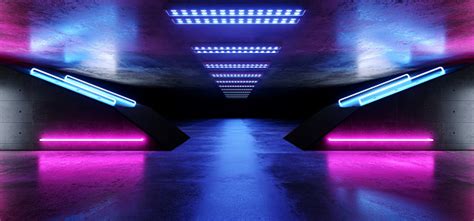 빈 공상 과학 소설 미래 지향적 인 복고풍 형광 발광 삼각형 모양의 네온 튜브 레이저 주도 그런 지 콘크리트 반사 어두운 터널 복도 3d 렌더링에 빛나는 활기찬 조명 0명에