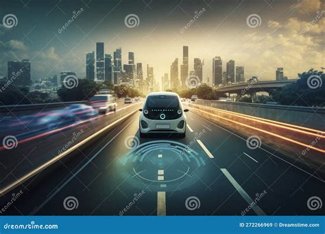 Smart Autonomous Car Driving On Road Traffice And Scanning Distance With Radars Vector