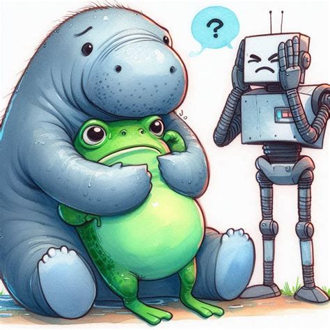 A Manatee Hugging A Frog With A Frustrated Robot In The Background