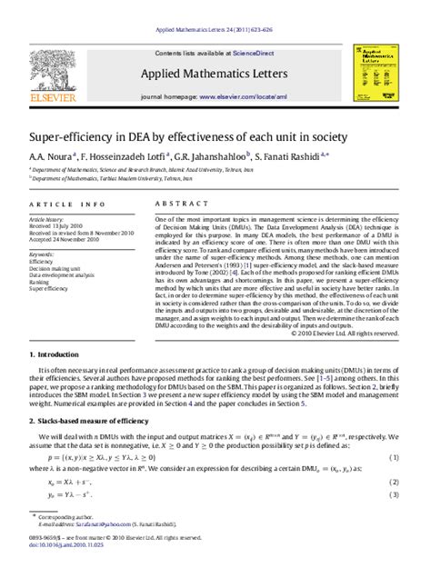 Pdf Super Efficiency In Dea By Effectiveness Of Each Unit In Society