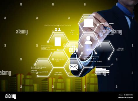 Man Showing Networking With Virtual Display In Color Background Stock
