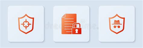 Set Document And Lock Shield And Incognito Mode White Square Button Stock Illustration