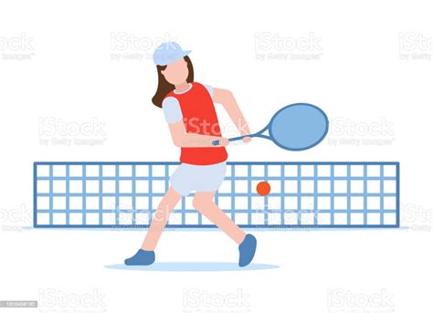 스포츠웨어를 입은 한 여성이 테니스를 치고 있다 라켓을 들고 하얀 배경에 고립된 공을 치는 스포츠우먼 플랫 만화 벡터