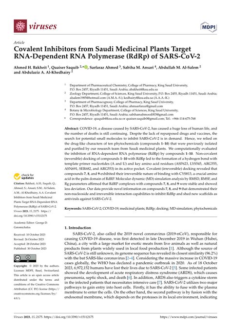 Pdf Covalent Inhibitors From Saudi Medicinal Plants Target Rna Dependent Rna Polymerase Rdrp