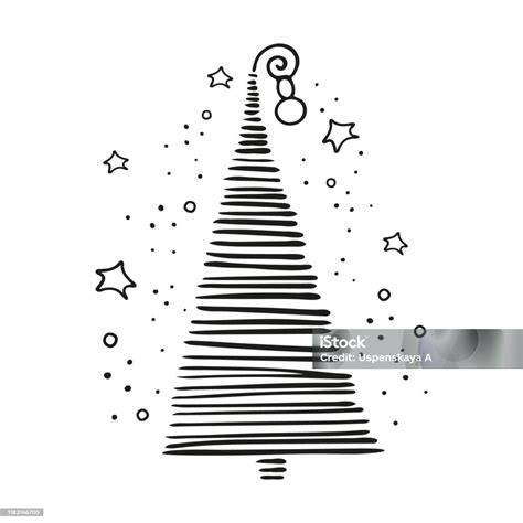 크리스마스 낙서 스타일의 간단한 미니멀 크리스마스 나무와 새해 선형 개념 흰색 배경에 격리 카드 색칠 공부 스티커겨울 요소