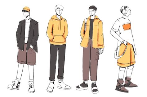 Set Of Sketches Of Beautiful And Diverse Man Fashion Outfits Free Vector