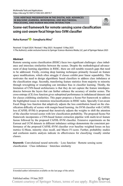 Scene-net framework for remote sensing scene classification using cost-aware focal hinge loss ...