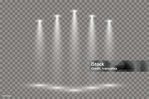 빛의 사실적인 묘사 무대 조명 램프 또는 스포트라이트에서 나오는 빛 조명이 켜진 장면 투명한 배경입니다 벡터 그림입니다 0명에 대한 스톡 벡터 아트 및 기타 이미지 Istock