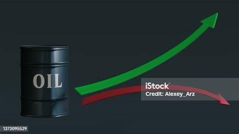 오일이라고 표시된 배럴은 두 개의 화살표 앞에 서 있습니다 녹색 화살표가 위로 가리키는 빨간색과 텍스트 또는 로고를위한 공간이