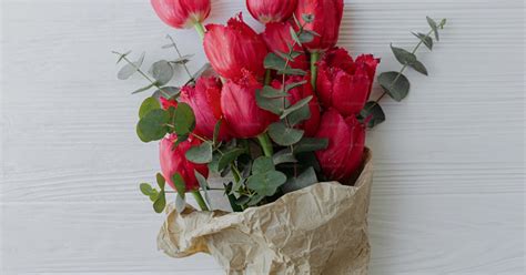 세련된 빨간 튤립과 유칼립투스 꽃다발은 소박한 흰색 나무 배경 상위 뷰에 공예 종이에 있습니다 행복한 어머니의 날 행복한 여성의 날 사진 Unsplash의 꽃 이미지