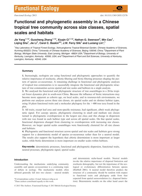 Pdf Functional And Phylogenetic Assembly In A Chinese Tropical Tree Community Across Size