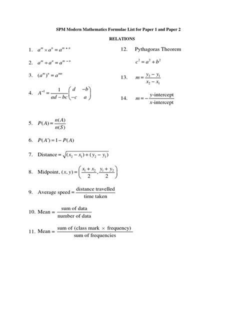 Spm Modern Maths Formula List Pdf