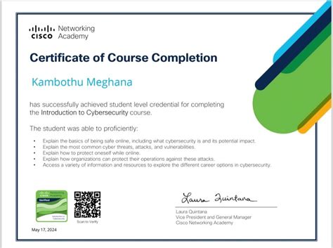 completed cisco introduction to cybersecurity course meghana kambothu