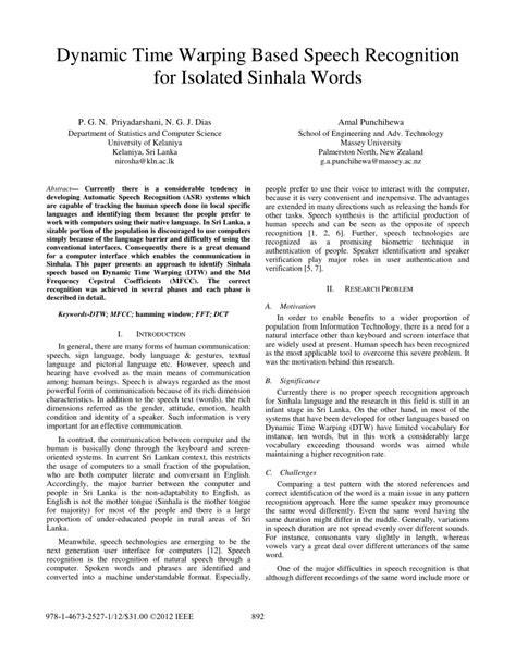 Pdf Dynamic Time Warping Based Speech Recognition For Isolated