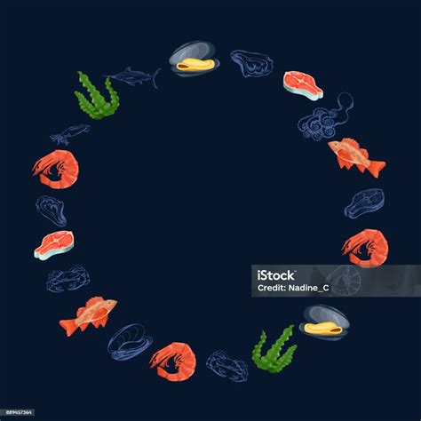 해산물 생선 홍합 연어 새우 에코 영양 개념 다이어트 메뉴 벡터 일러스트 레이 션의 화려한 아이콘으로 화 환 배너 게에 대한 스톡 벡터 아트 및 기타 이미지 Istock