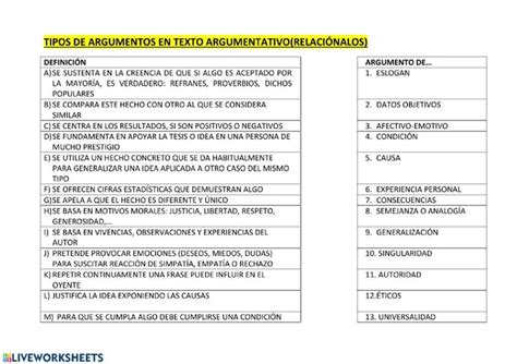 Tipos De Argumentos En Texto Argumentativo Worksheet