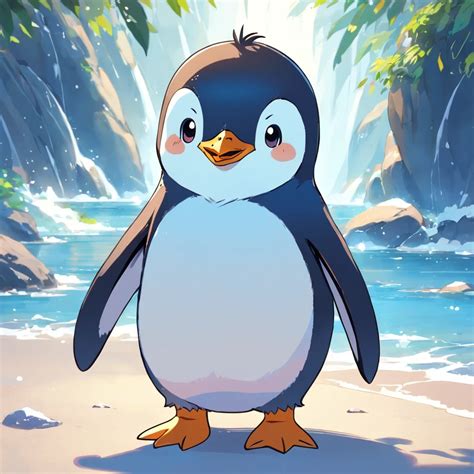 Pingüino Parado En La Playa Con Una Cascada Al Fondo Seaart Ai