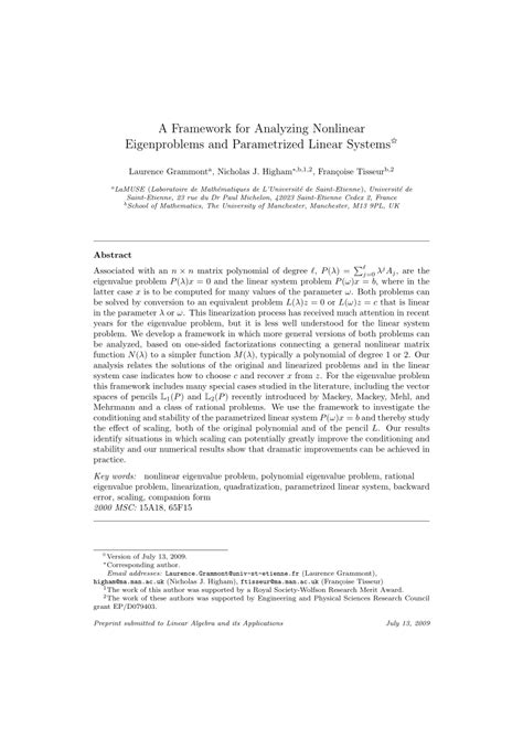 Pdf A Framework For Analyzing Nonlinear Eigenproblems And Parametrized Linear Systems