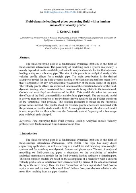 Pdf Fluid Dynamic Loading Of Pipes Conveying Fluid With A Laminar Mean Flow Velocity Profile