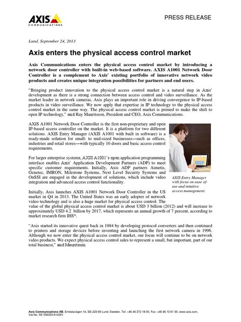 Axis Enters The Physical Access Control Market Pdf Computer Network Access Control