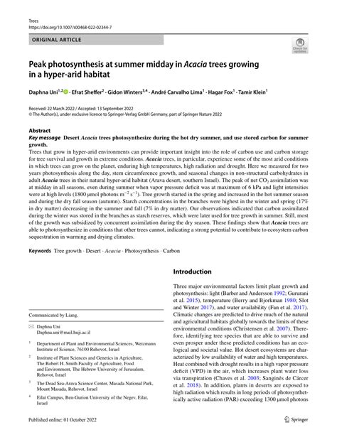 Pdf Peak Photosynthesis At Summer Midday In Acacia Trees Growing In A Hyper Arid Habitat