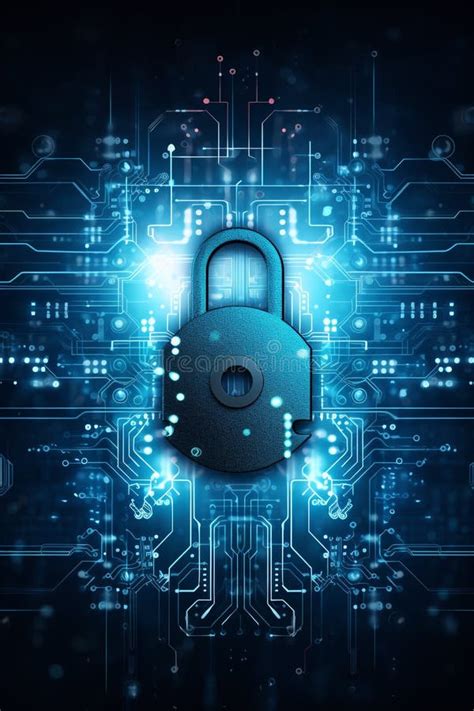 Cybersecurity Concept Padlock Circuit Board Data Center Stock Image