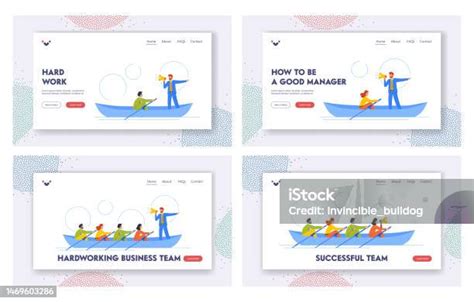 비즈니스 팀 열심히 일하는 방문 페이지 템플릿 세트입니다 팀워크 단결 함께 일하는 캐릭터의 협업 리더십에 대한 스톡 벡터 아트