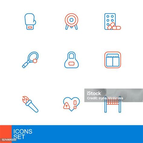 세트 라인 배구 네트 심박수 토치 불꽃 스포츠 기계식 스코어 보드 테니스 라켓 무게 스포츠 도핑 덤벨 및 대상 스포츠 아이콘 벡터 건강관리와 의술에 대한 스톡 벡터 아트 및