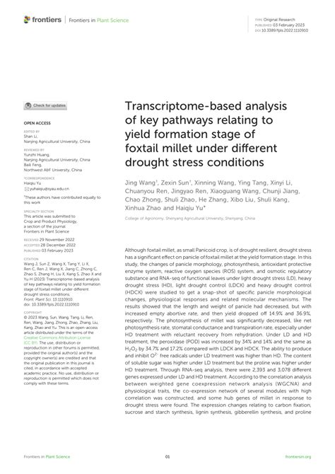 Pdf Transcriptome Based Analysis Of Key Pathways Relating To Yield Formation Stage Of Foxtail