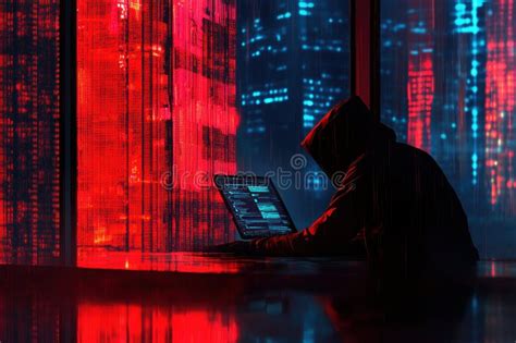 A Hacker Wearing A Hooded Working On A Laptop With A Futuristic Digital Red Background