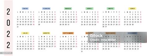 스페인어 수평 달력 2022 년 벡터 문구 달력 주간은 월요일에 시작됩니다 연간 주최자 최소한의 디자인의 간단한 캘린더 템플릿 비즈니스 일러스트레이션 0명에 대한 스톡 벡터