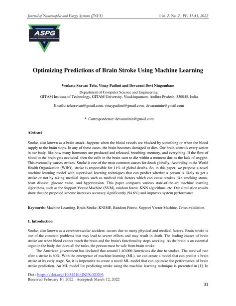 PDF Optimizing Predictions Of Brain Stroke Using Machine Learning